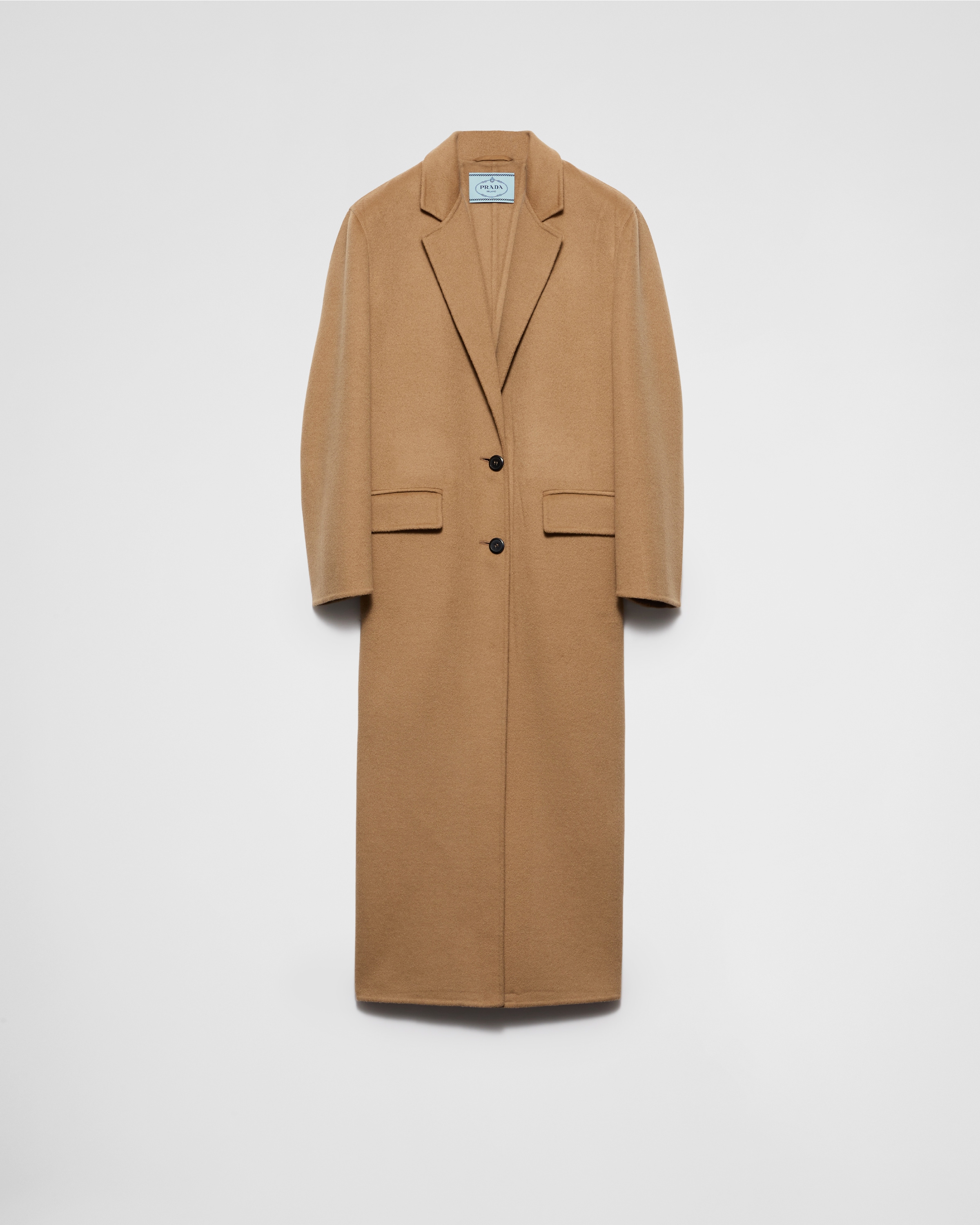 Prada Long Cashgora Overcoat - Camel Brown | Editorialist